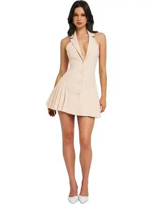 MISS CIRCLE Backless Pleated Mini Blazer Dress - Beige