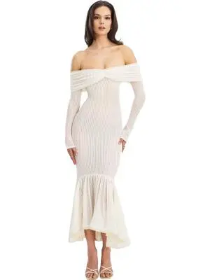 MISS CIRCLE Kaedyn Off-shoulder Crochet Mermaid Maxi Dress - Beige