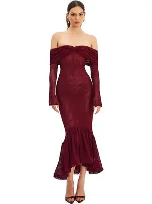 MISS CIRCLE Kaedyn Off-shoulder Crochet Mermaid Maxi Dress - Burgundy