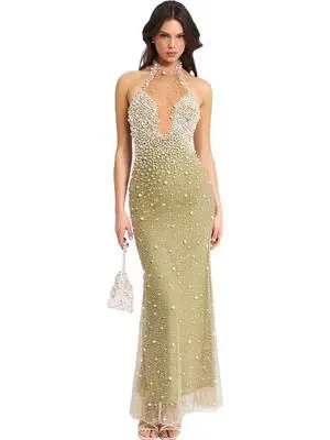 MISS CIRCLE Pearl Embellished Backless Gown - Pear Green