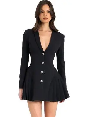 MISS CIRCLE Ria Blazer Mini Dress With Crystal Button And Pleated Detail - Black