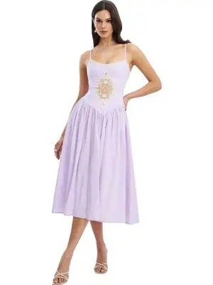 MISS CIRCLE Lace Trim Seersucker Midi Dress - Lavender