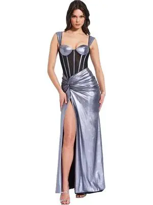 MISS CIRCLE Metallic Corset Maxi Gown - Silver Metallic