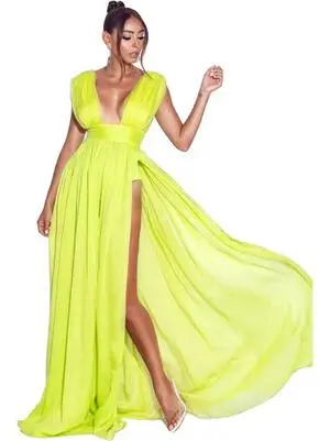 MISS CIRCLE Chiffon Pleated Maxi Dress - Lime
