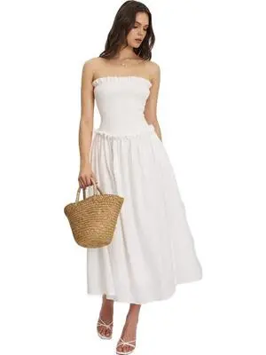MISS CIRCLE Quadiya Smock Top Strapless Drop Waist Midi Dress - White