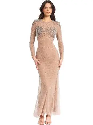 MISS CIRCLE Embroidered Mesh Mermaid Gown - Silver Beaded