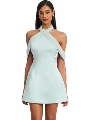 MISS CIRCLE Halter Off-shoulder Backless Mini Dress - Light Cyan