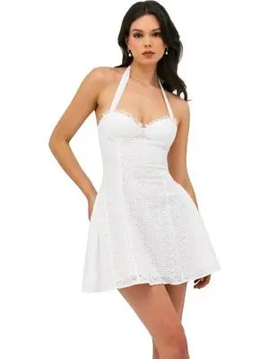 MISS CIRCLE Eyelet Halter Mini Dress - White