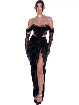 MISS CIRCLE Lace Velvet Corset Off Shoulder Gown - Black