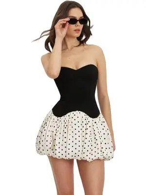 MISS CIRCLE Polka Dot Bubble Hem Corset Mini Dress - Black And Polka Dot