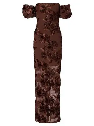 Remain Birger Christensen Tasha Embroidered Off-shoulder Maxi Dress - Brown