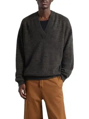 Frenckenberger Cashmere & Wool V-neck Sweater - Black Olive /black