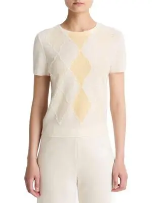 Vince Argyle Wool And Cashmere Short Sleeve Sweater - Crema/palazzo/butter