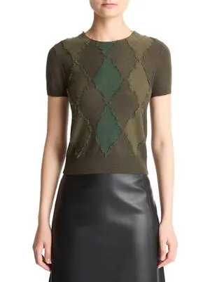 Vince Argyle Wool And Cashmere Short Sleeve Sweater - Herba/forest/verde
