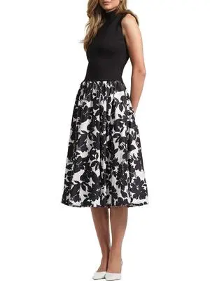 ISAAC MIZRAHI NEW YORK Sleeveless Ponte & Satin Midi Dress - Noir Floral