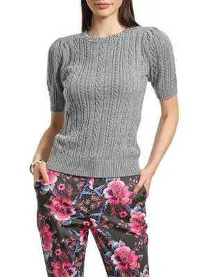 ISAAC MIZRAHI NEW YORK Embellished Cotton And Wool Blend Cable Knit Sweater - Heather Grey