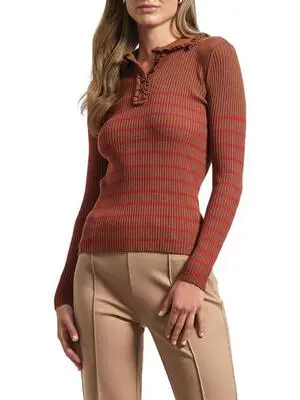 ISAAC MIZRAHI NEW YORK Stripe Ruffle Ribbed Polo Sweater - Dachshund/red