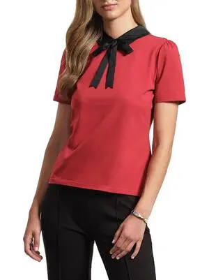 ISAAC MIZRAHI NEW YORK Satin Trim Peter Pan Collar T-shirt - Red/black