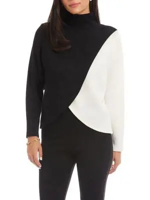 Karen Kane Colorblock Turtleneck Crossover Hem Knit Top - Black/ivory