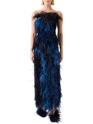 Akris Strapless Feather-front Silk Gown - Navy
