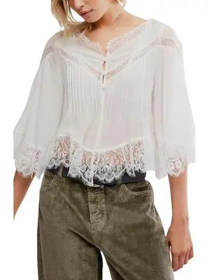Free People Lace Trim Pintucked Blouse - Clean Ivory