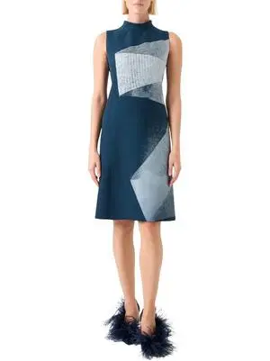 Akris Zigzag Print Silk Sheath Dress - Denim-ecru