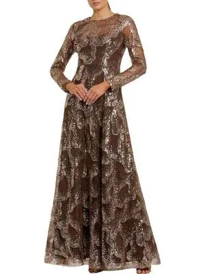 Mac Duggal Embellished Mesh Long Sleeve High Neck Gown - Bronze