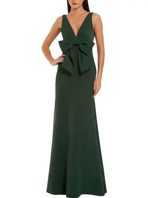 Mac Duggal Crepe Sleeveless V-neck Column Gown With Bow - Emerald