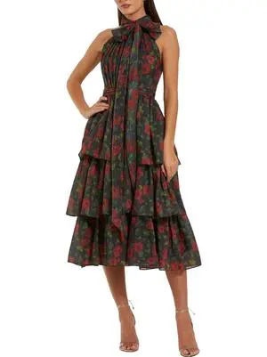 Mac Duggal Floral Chiffon Tiered Midi Dress With Bow - Black Multi