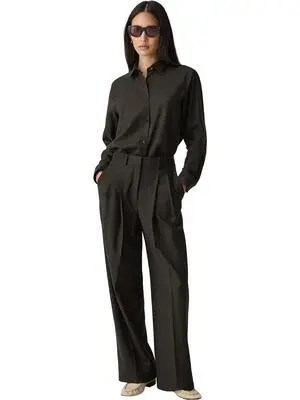 Theory Double Pleat Trousers In Sleek Flannel - Dark Thyme