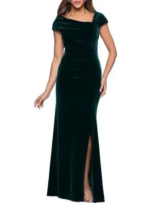 XSCAPE EVENINGS Asymmetric Neck Stretch Velvet Gown - Hunter