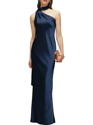 After Six Scarf Detail One-shoulder Charmeuse Gown - Midnight