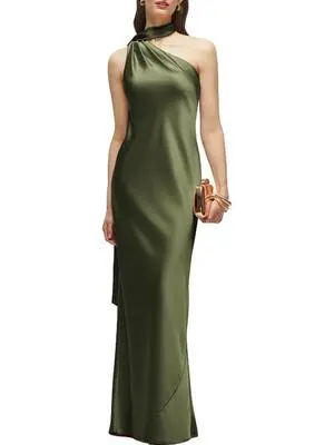 After Six Scarf Detail One-shoulder Charmeuse Gown - Olive Green