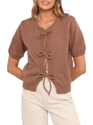 PETAL & PUP Koskie Tie Front Knit Top - Brown