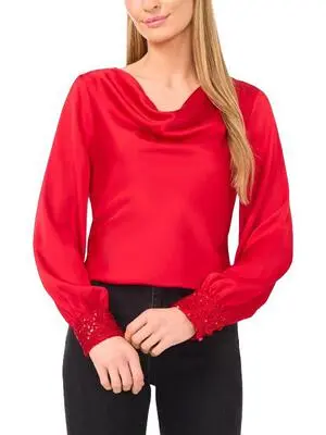 CECE DUPRAZ Sequin Cuff Charmeuse Top Stoplight Red
