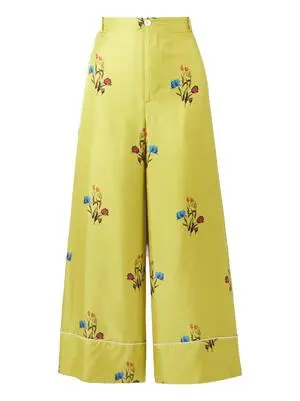 Marni Floral-print Silk-twill Wide-leg Trousers - Yellow