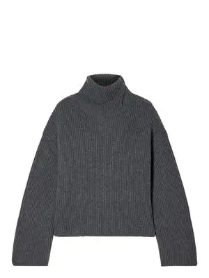 JOSEPH Ribbed Wool, Silk And Cashmere-blend Turtleneck Sweater - Gray