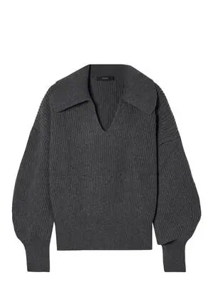 JOSEPH Ribbed Wool, Silk And Cashmere-blend Polo Sweater - Gray