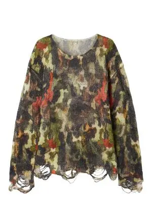 R13 Boyfriend Distressed Camouflage-print Open-knit Sweater - Green