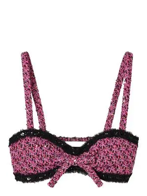 Alessandra Rich Embellished Frayed Trim Tweed Bralette - Pink