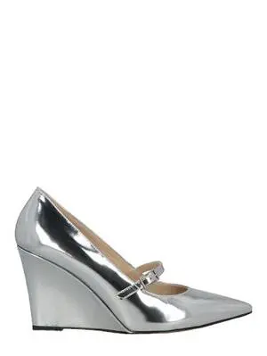 Theory Leather Mary Jane Wedge Pumps - Silver