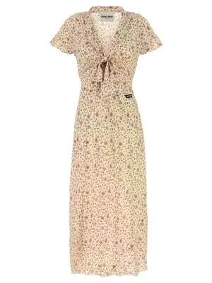 Miu Miu Floral-print Tie-front Midi Dress - Yellow