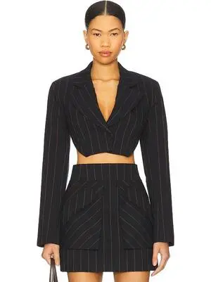 AKNVAS Anya Pinstripe Cropped Blazer - Navy & Brown
