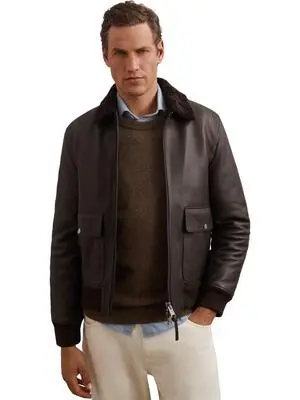 REISS Leather Shearling-collar Bomber Jacket - Brown