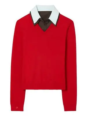 Tory Burch Layered Merino Wool Sweater - Fiery Red/frozen Blue