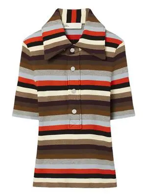 Tory Burch Viscose Ribbed Polo - Red Evening Stripe Small
