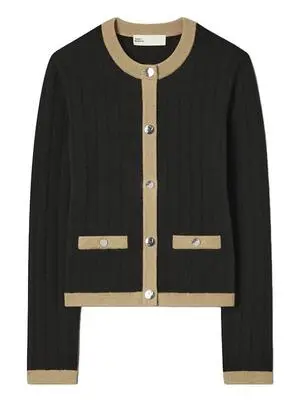 Tory Burch Cropped Merino Wool-cashmere Cardigan - Black/camel Heather