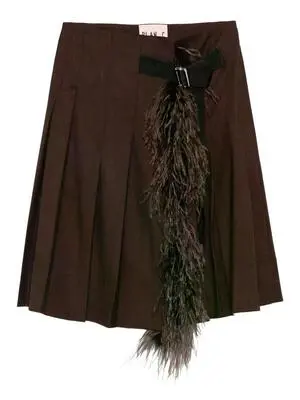 Plan C Pleated Feather-trimmed Midi Skirt - Brown