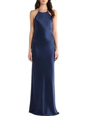 REFORMATION Jeany Silk Charmeuse Halter Dress - Navy