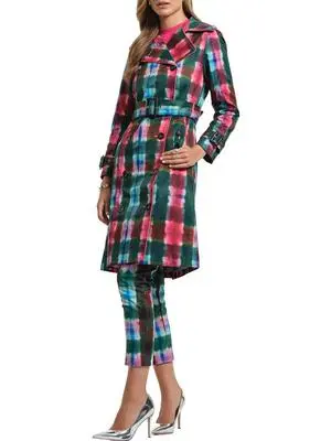 ISAAC MIZRAHI NEW YORK Plaid Double Breasted Trench Coat - Watercolor Tartan